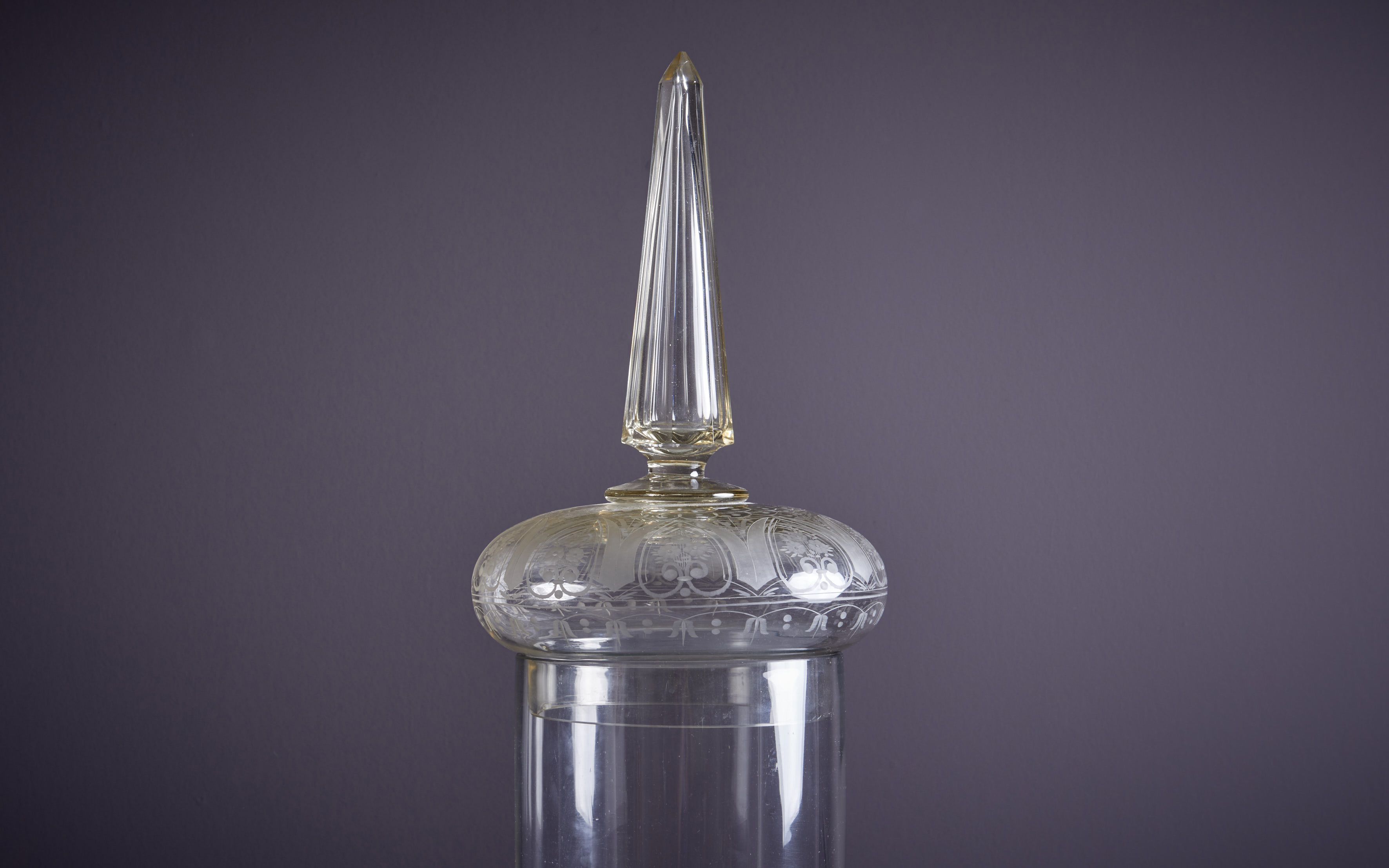 Large 1920s Glass Pillar with Delicate Engravings