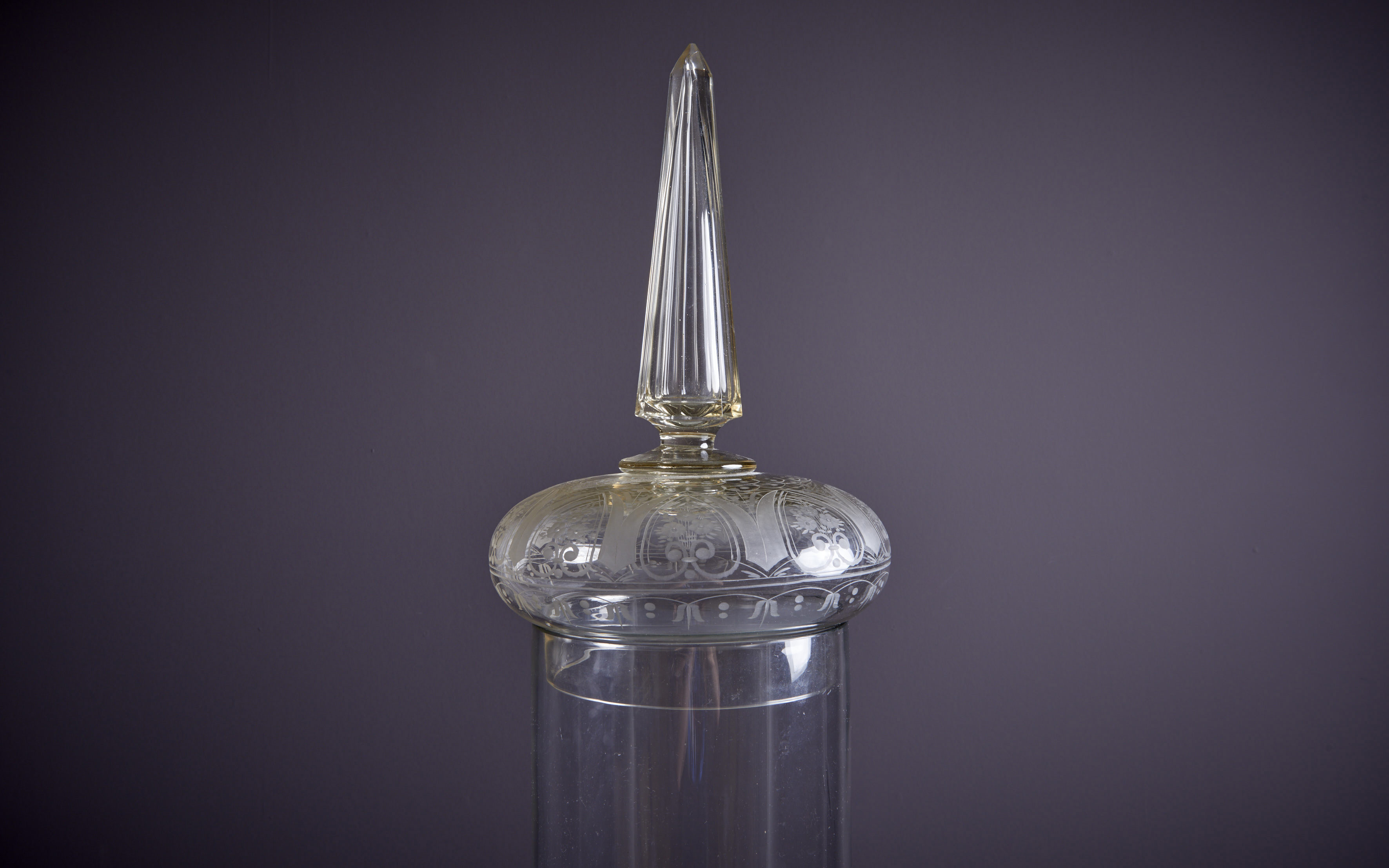 Large 1920s Glass Pillar with Delicate Engravings