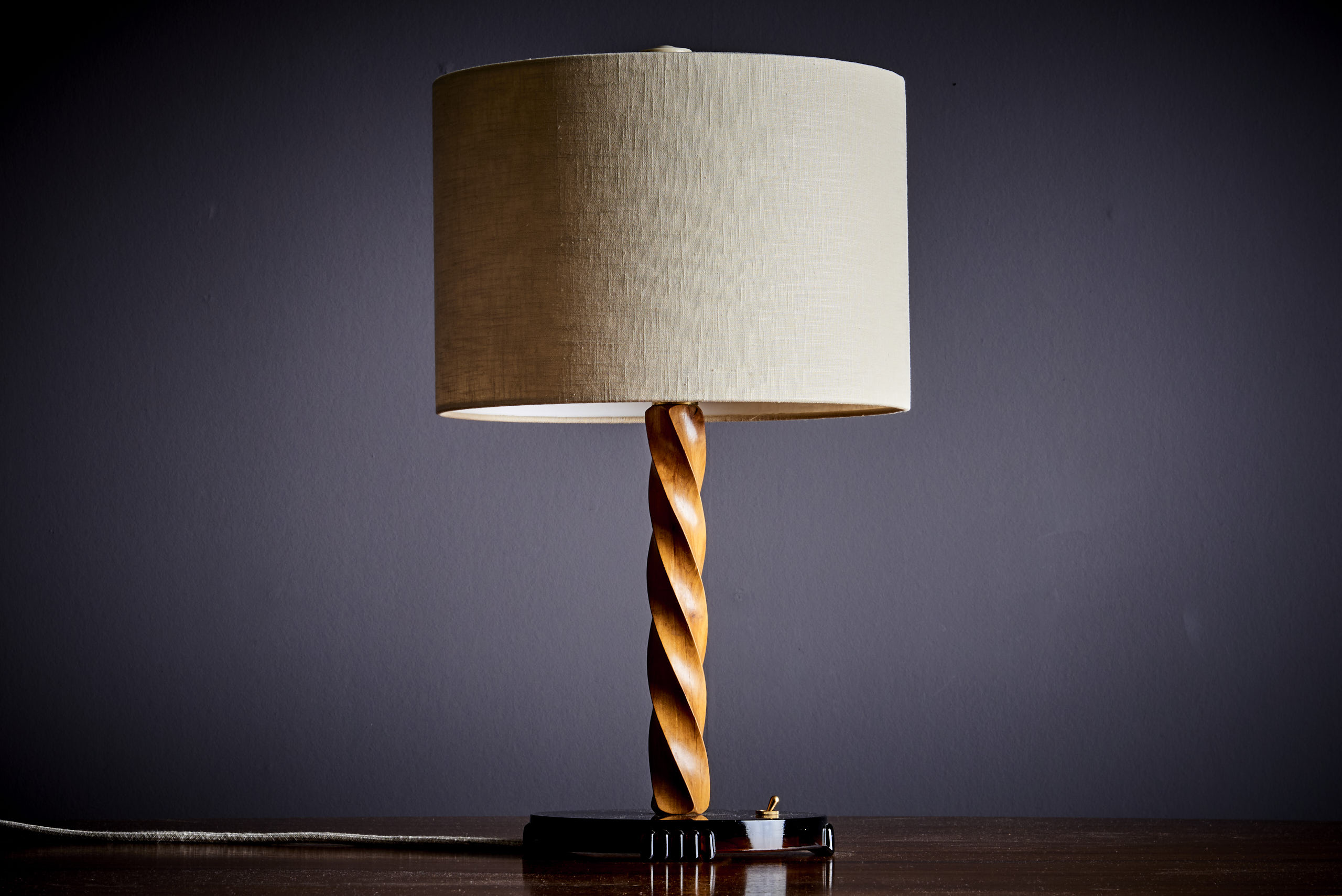 Very Nice Art deco Turned Cherry Wood Table Lamp with Cast Glass Base