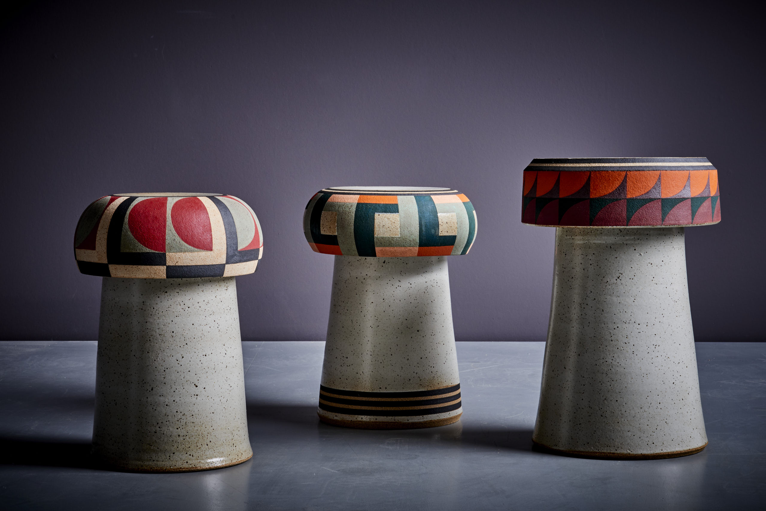 Kat and Roger Set of 3 hand-painted Studio ceramic stools Kat and Roger Set of 3 hand-painted Studio ceramic stools