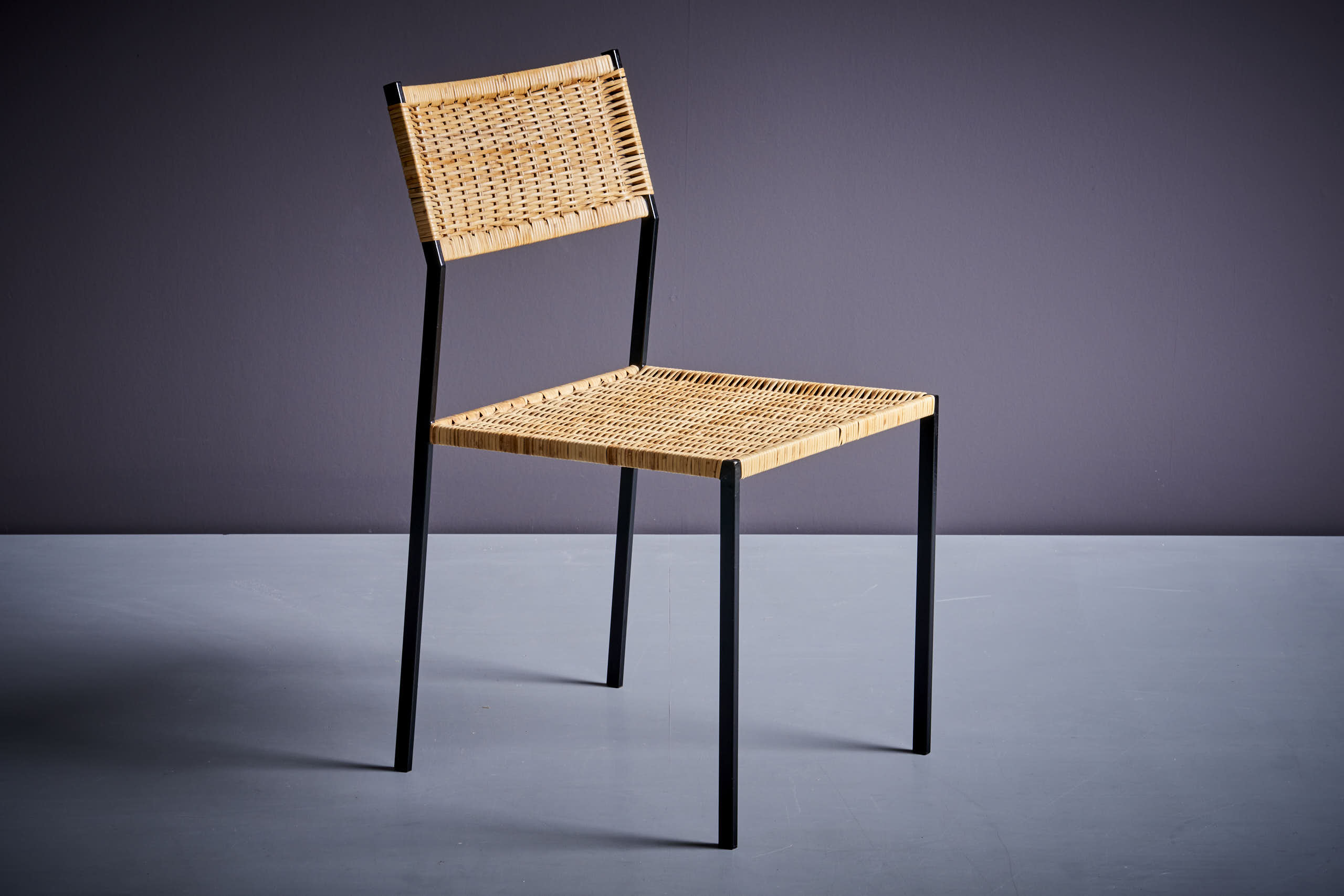 Minimalistic rectilinear steel and Rattan Side Chair in the manner of ...